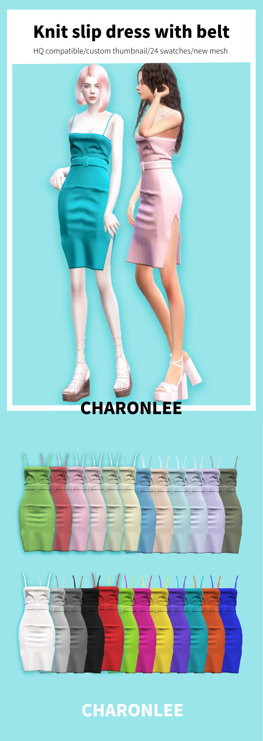 【CHARONLEE】Knit slip dress with belt - The Sims 4 Catalog