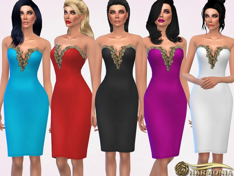 Gold Metallic Applique Midi Dress - The Sims 4 Catalog