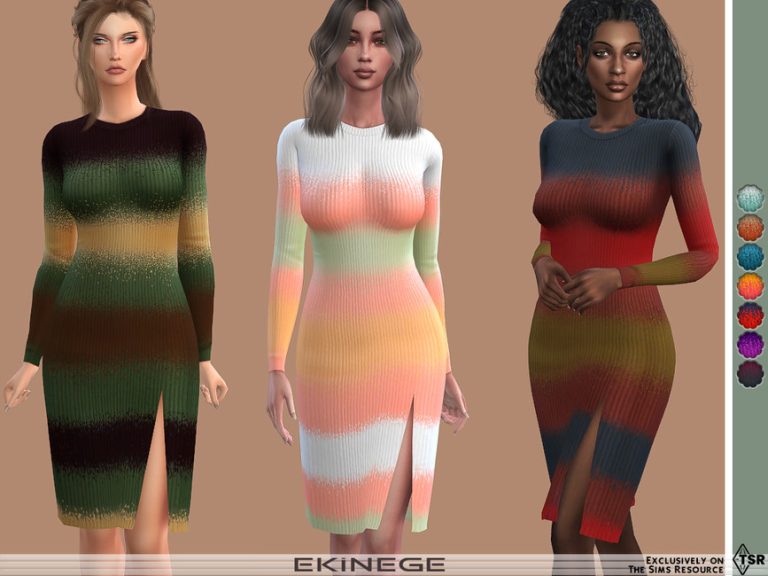 Striped Rib Knit Dress With Slit - The Sims 4 Catalog